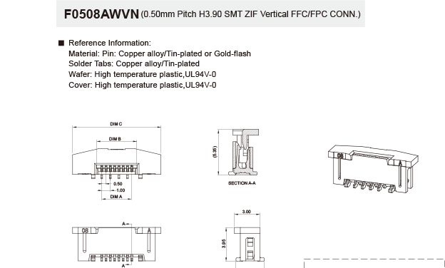 F0508AWVN 0.50mm 间距 FFC FPC连接器_温州健坤接插件有限公司