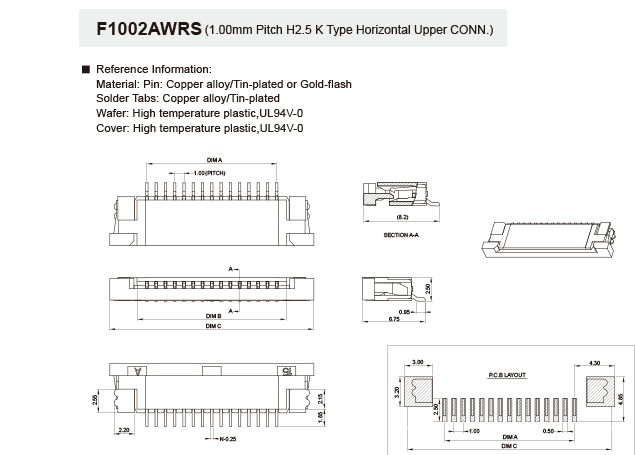 F1002AWRS F1002AWRX F1002AWV 1.0mm 间距 FFC FPC连接器_温州健坤接插件有限公司