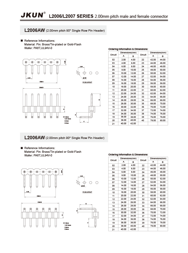 L2006-L2007 2.00mm间距 排针排母系列连接器_温州健坤接插件有限公司